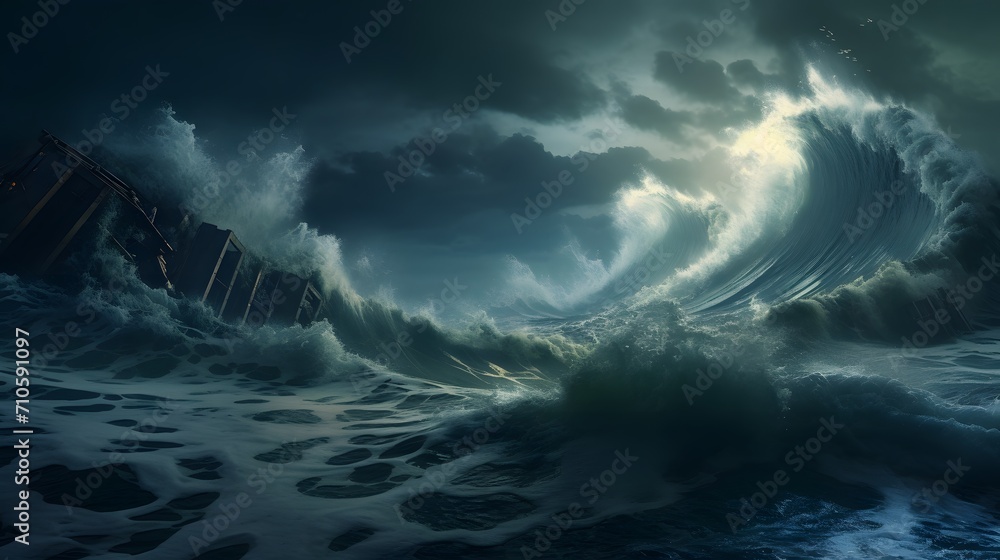 Apocalyptic dramatic background, giant tsunami waves, dark stormy sky ...