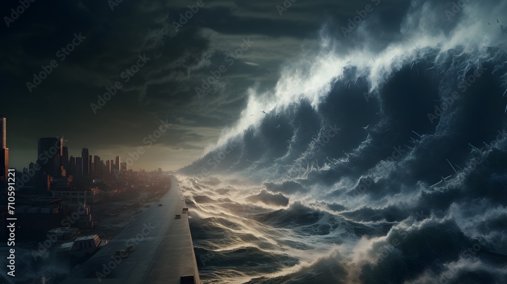 Apocalyptic dramatic background, giant tsunami waves, dark stormy sky ...