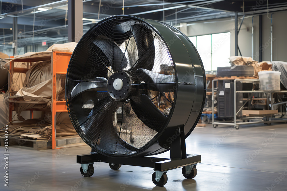An industrial fan in a warehouse setting - providing large-scale air ...