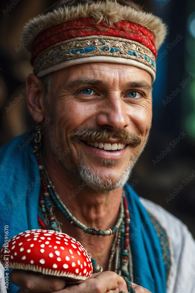 Slavic shaman dressed in traditional folk costume and Lenon glasses ...