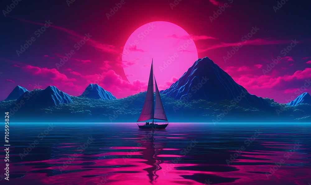 Synthwave,shot from the water,a chinese sail drifts over hills ...