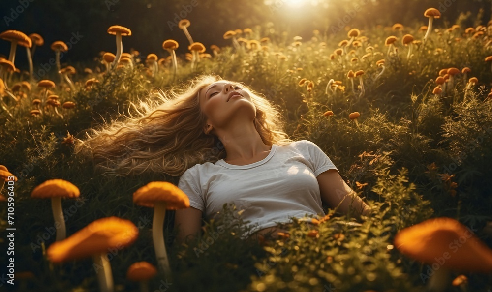 Beautiful young hippie woman in nature taking a nap in a meadow among ...