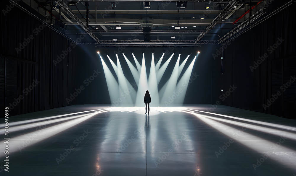 silhouette of people man in the empty stage. direct spotlight to the ...