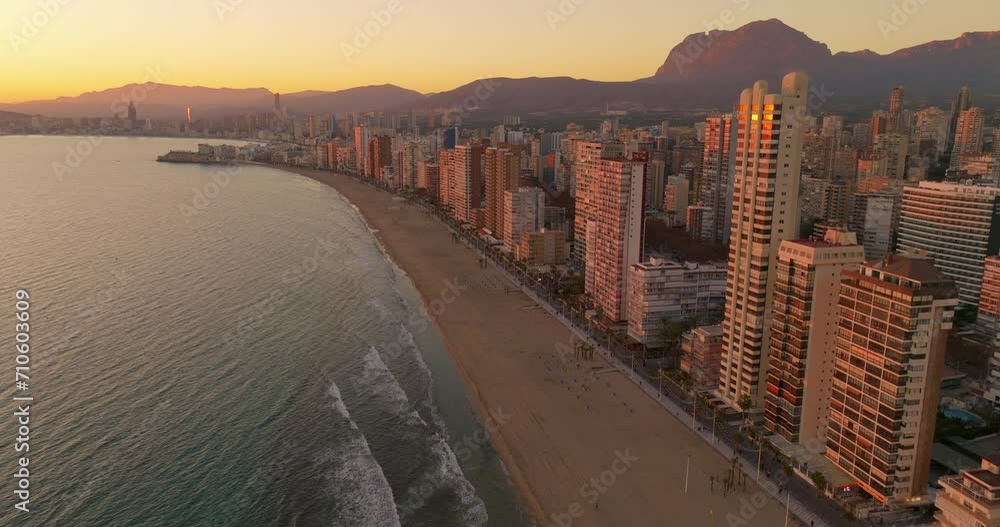 Establishing aerial view of Benidorm skyline skyscrapers hotels and ...