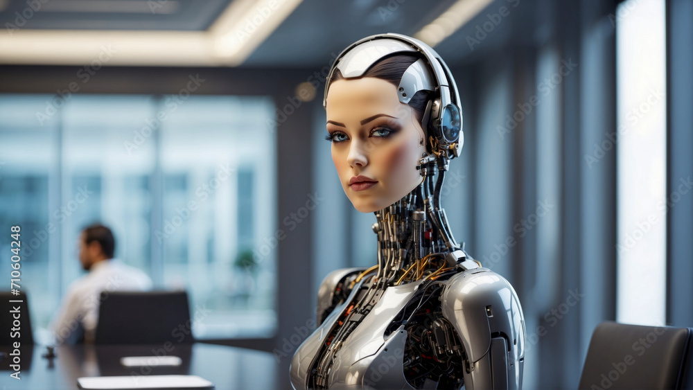 Future Tech Professionalism: A Female AI Robot Works at an Office Desk ...
