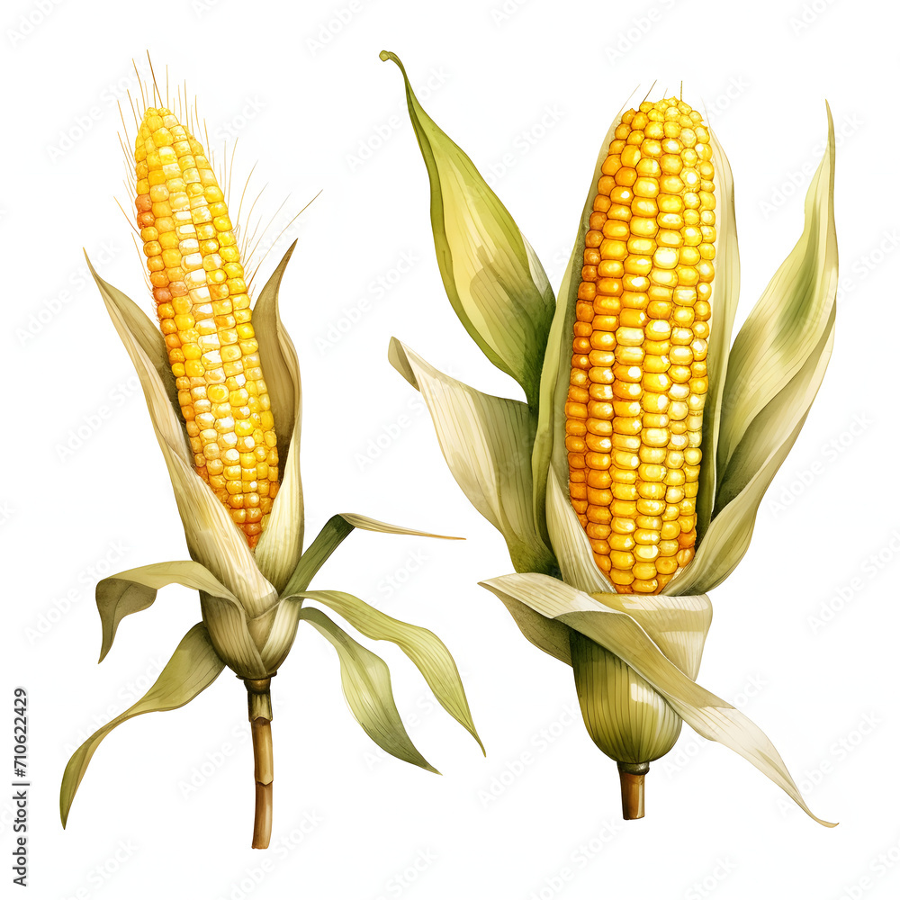 Illustration of two corn cobs in leaves, one thick, the other thin ...