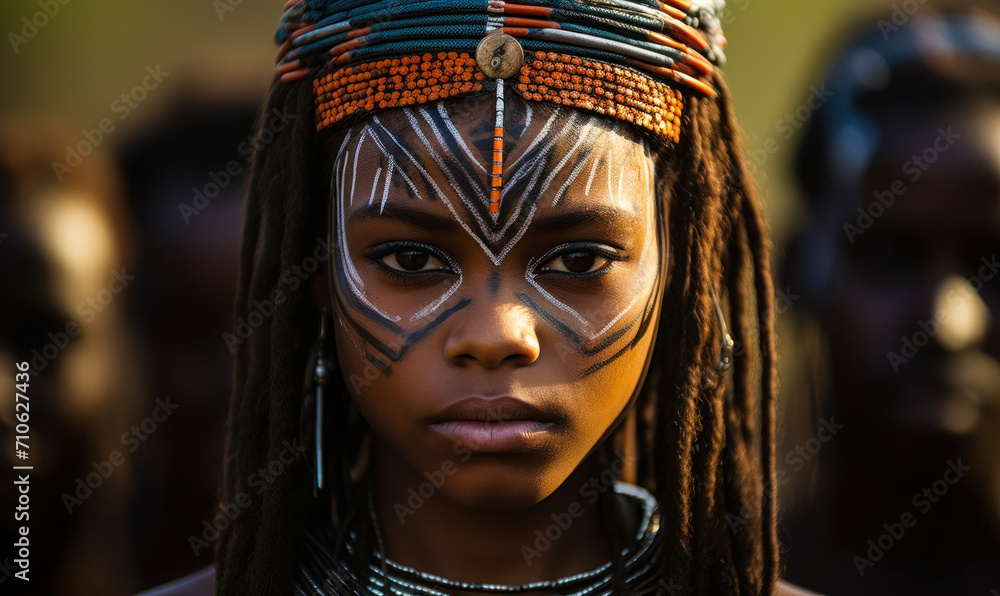 Young indigenous African girl with traditional face paint and tribal ...