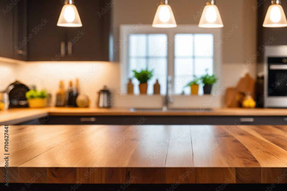Frontal view of a wood table top on blur kitchen counter background ...