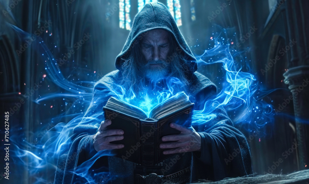 Mystical ancient wizard conjuring blue magical energy from an arcane ...