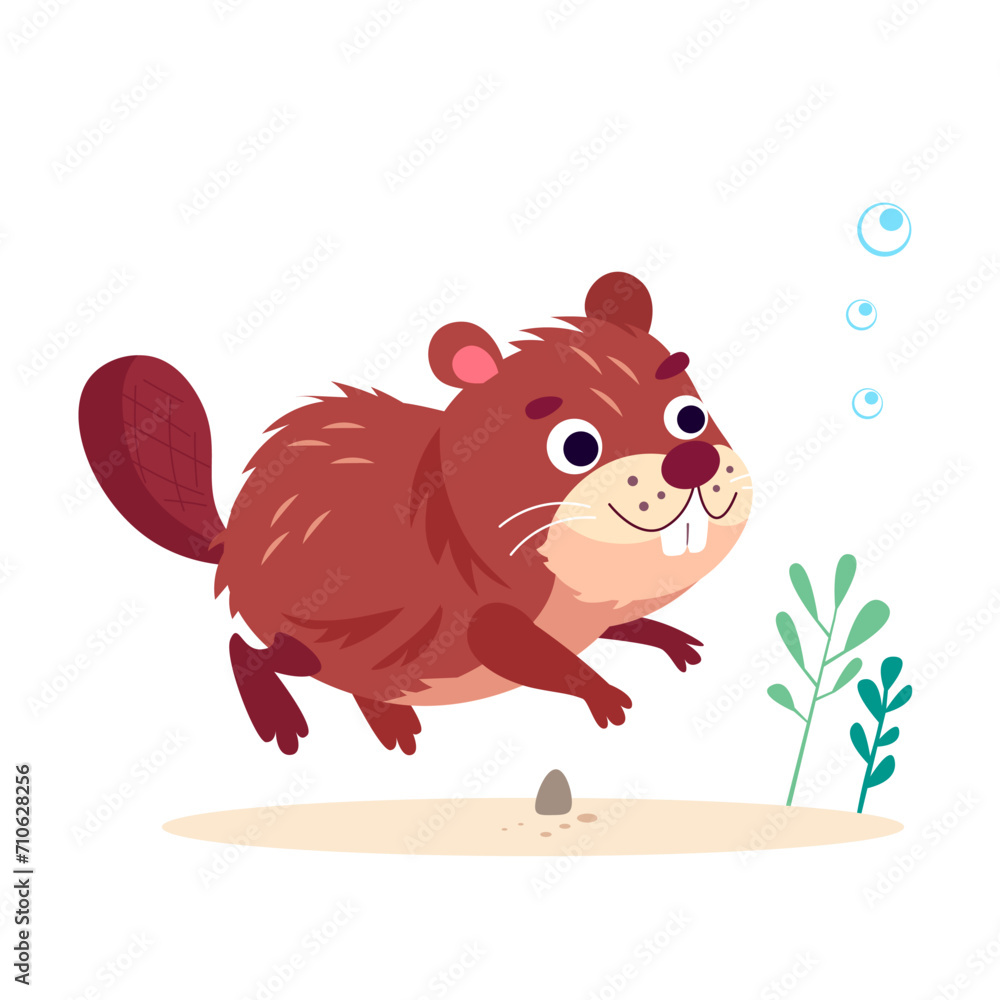 Cute stylised cartoon flat beaver swimming underwater. Vector ...