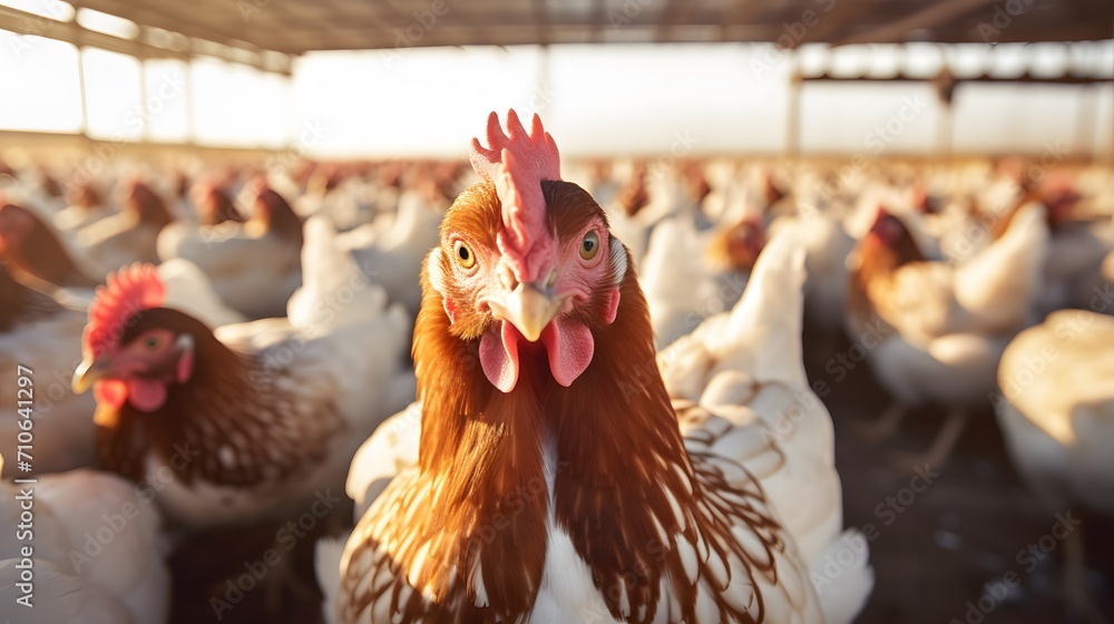 Chicken farm. Egg-laying chicken in battery cages. Commercial hens ...