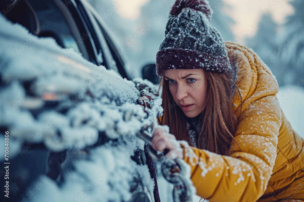 A woman wearing a yellow jacket leans on a car in the snowy landscape ...