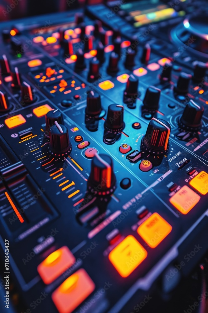 A close-up view of a DJ's control board. This image captures the ...