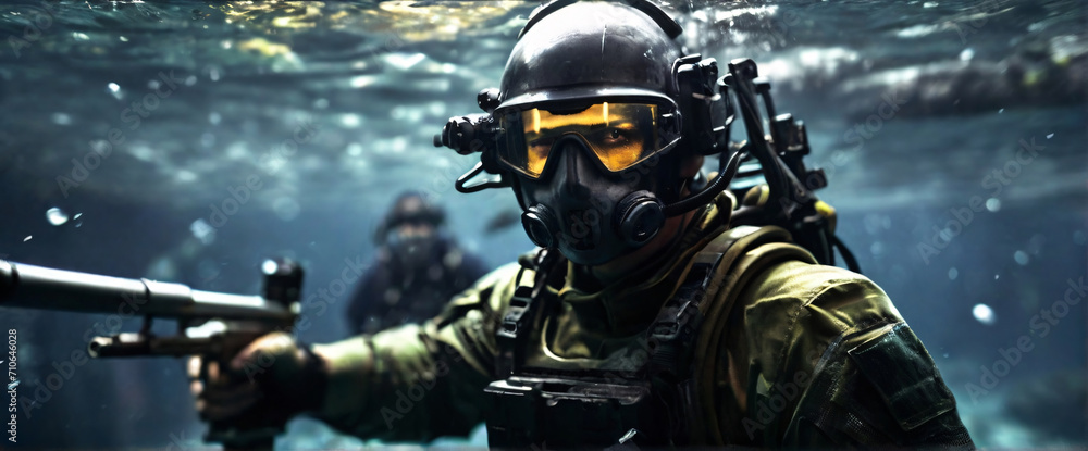 cyborg soldier fighting in underwater in ocean zone using weapon ...
