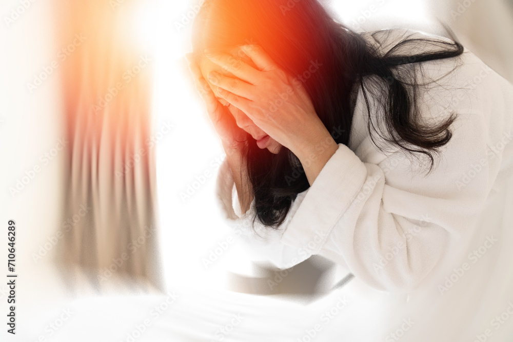 Vertigo illness concept. Woman hands on head felling headache dizzy ...