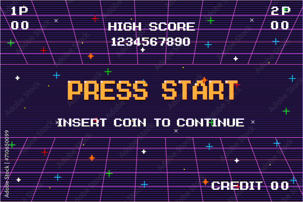 PRESS START INSERT A COIN TO CONTINUE. pixel art .8 bit game. retro ...