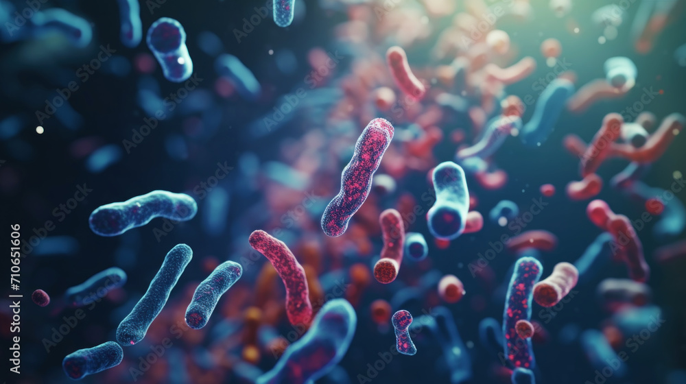An ultra-realistic close-up scientific image of microbiota colonies in ...