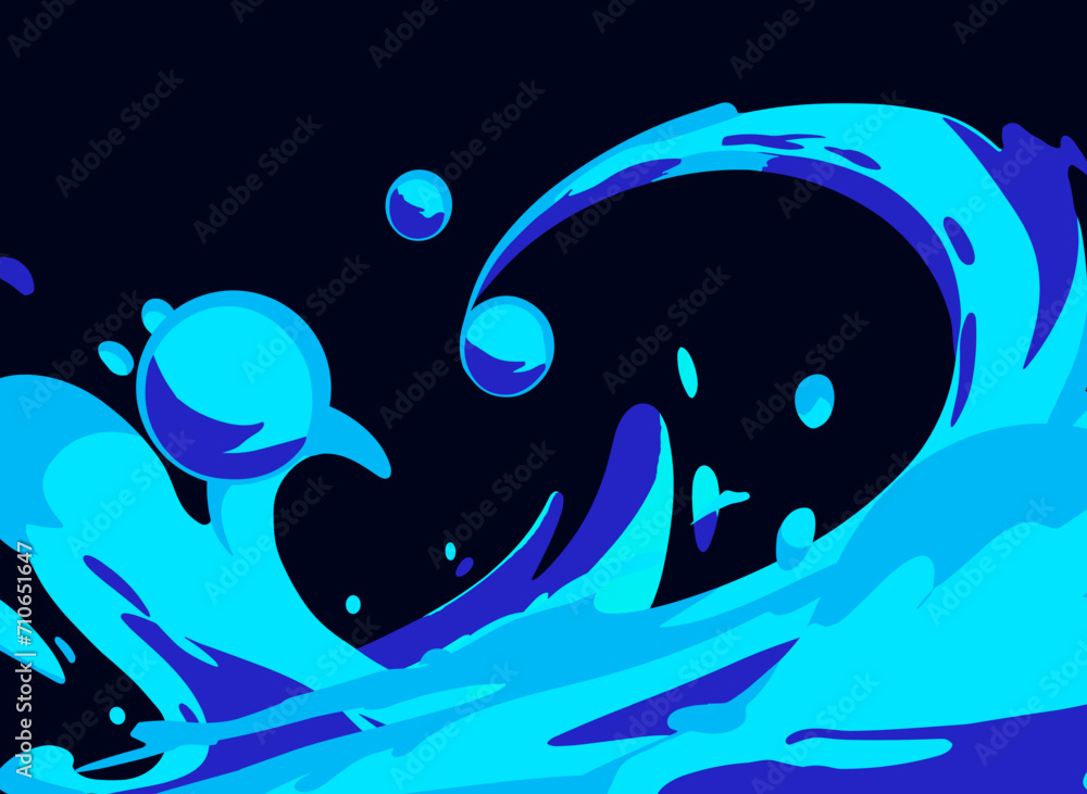 Seascape in anime and cartoon style. Vector illustration of sea waves ...