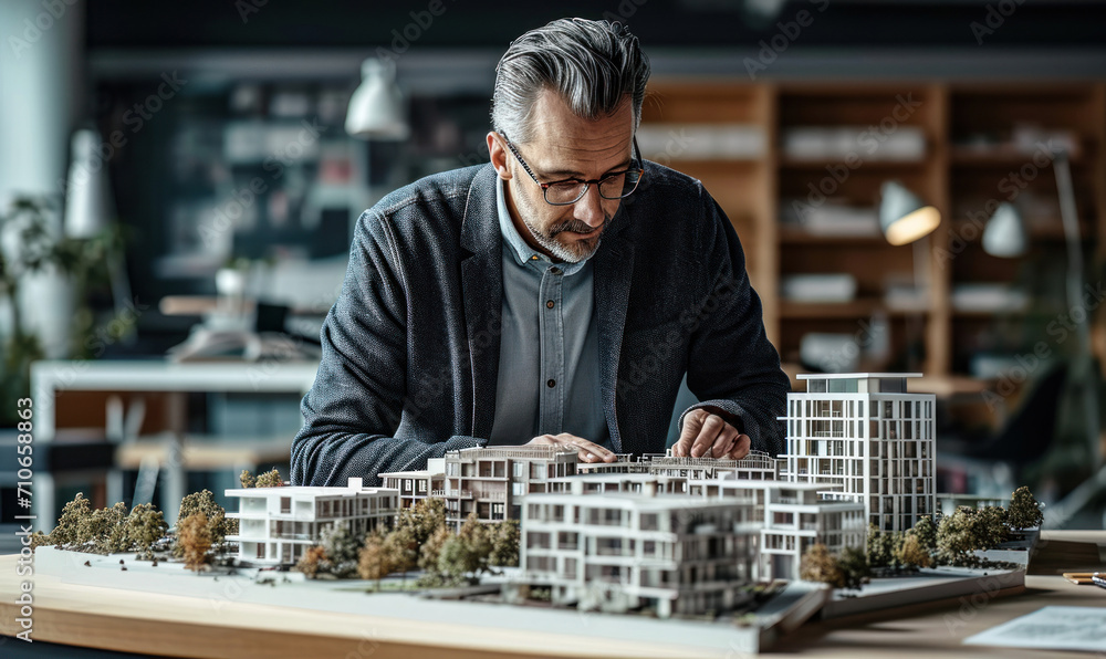Focused Architect Reviewing a Detailed Architectural Model of Urban ...