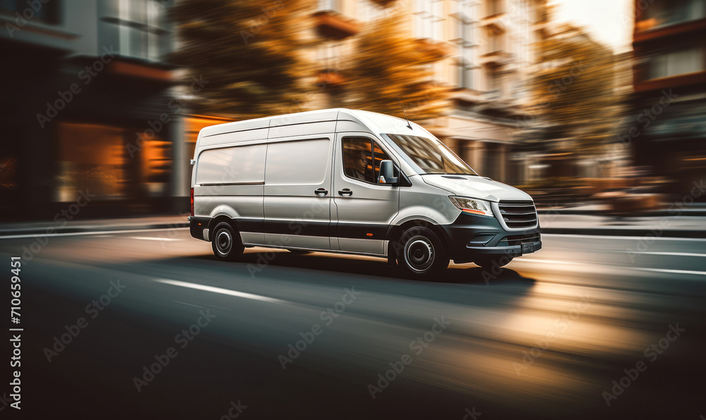 Speeding White Delivery Van in Urban Setting Captures the Fast-Paced ...