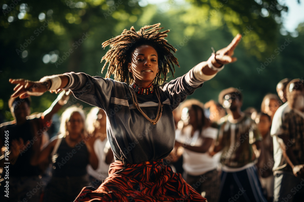 A modern dance crew performing in an urban park, blending various dance ...