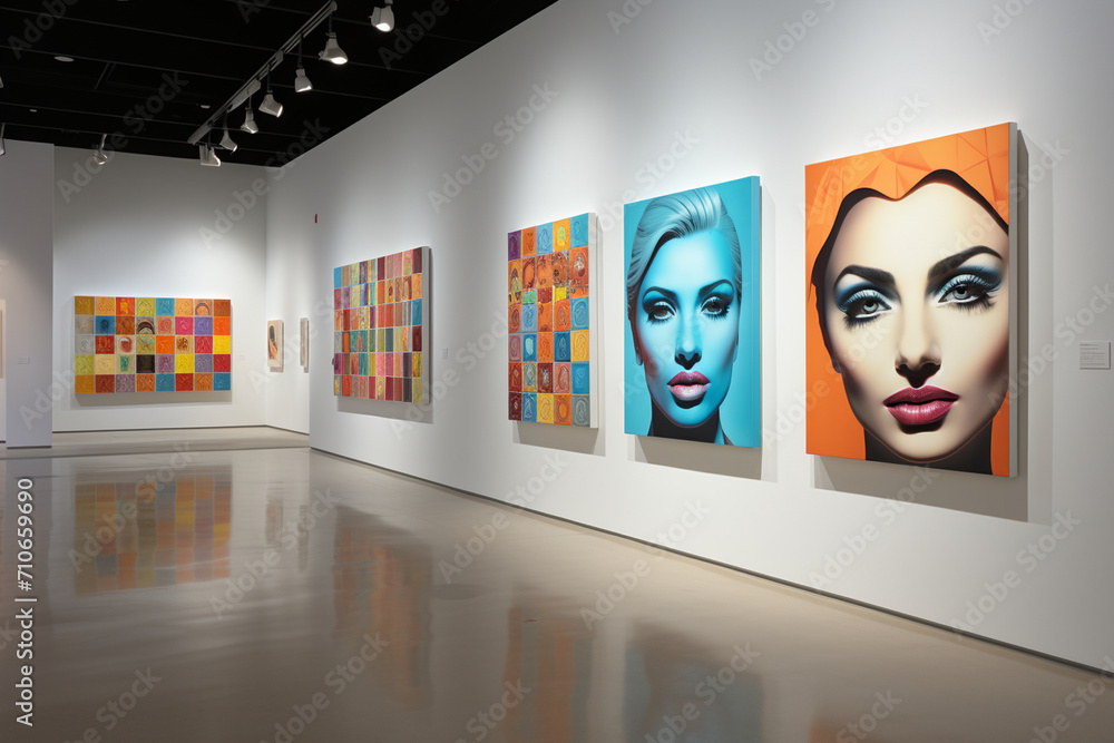 A modern art gallery exhibition featuring works by diverse artists ...