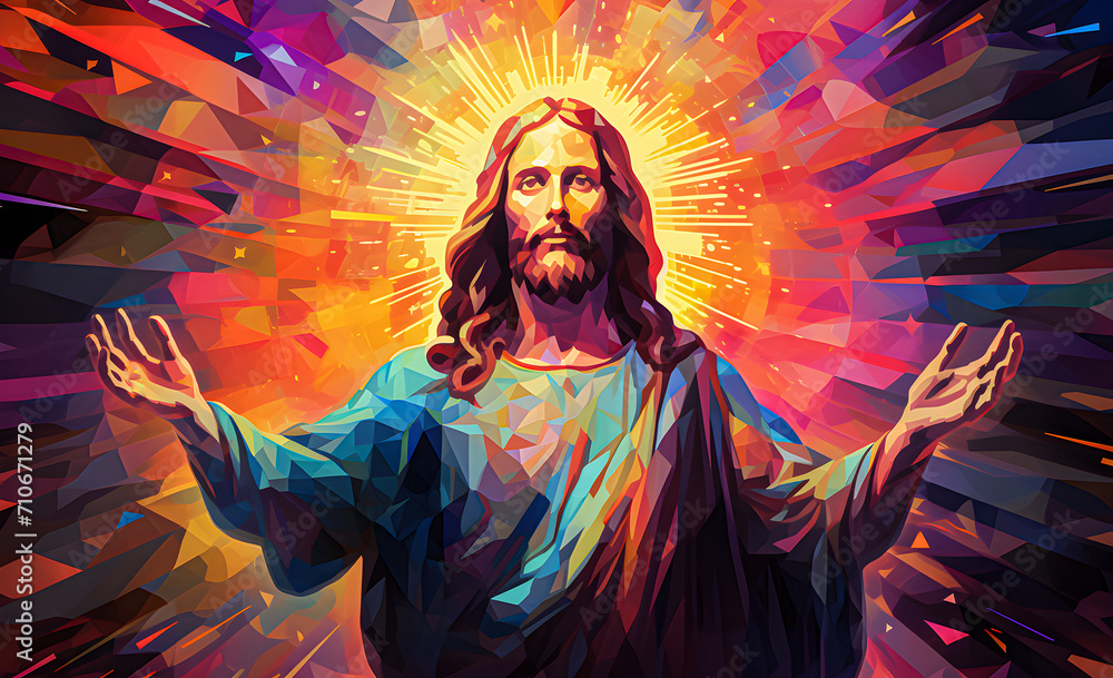 Colorful image of Jesus Christ on an illuminated background with ...