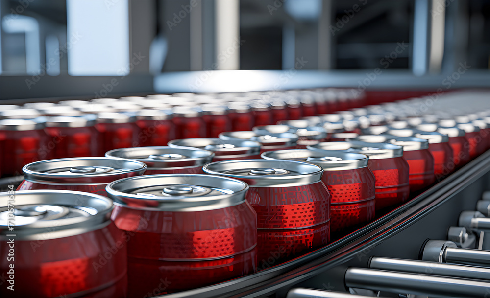 Aluminum beverage cans process in the factory line on the conveyor belt ...