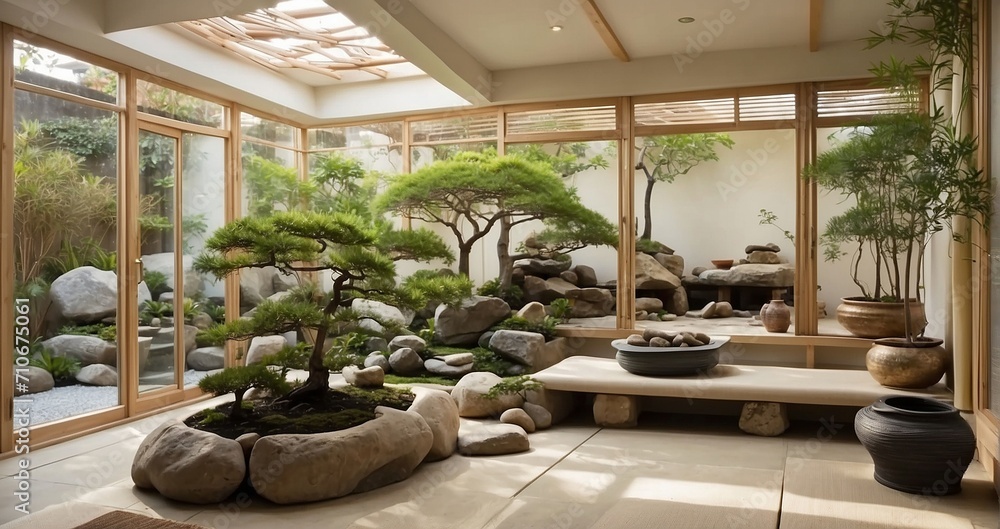 An image of a serene conservatory incorporating a Zen garden with ...