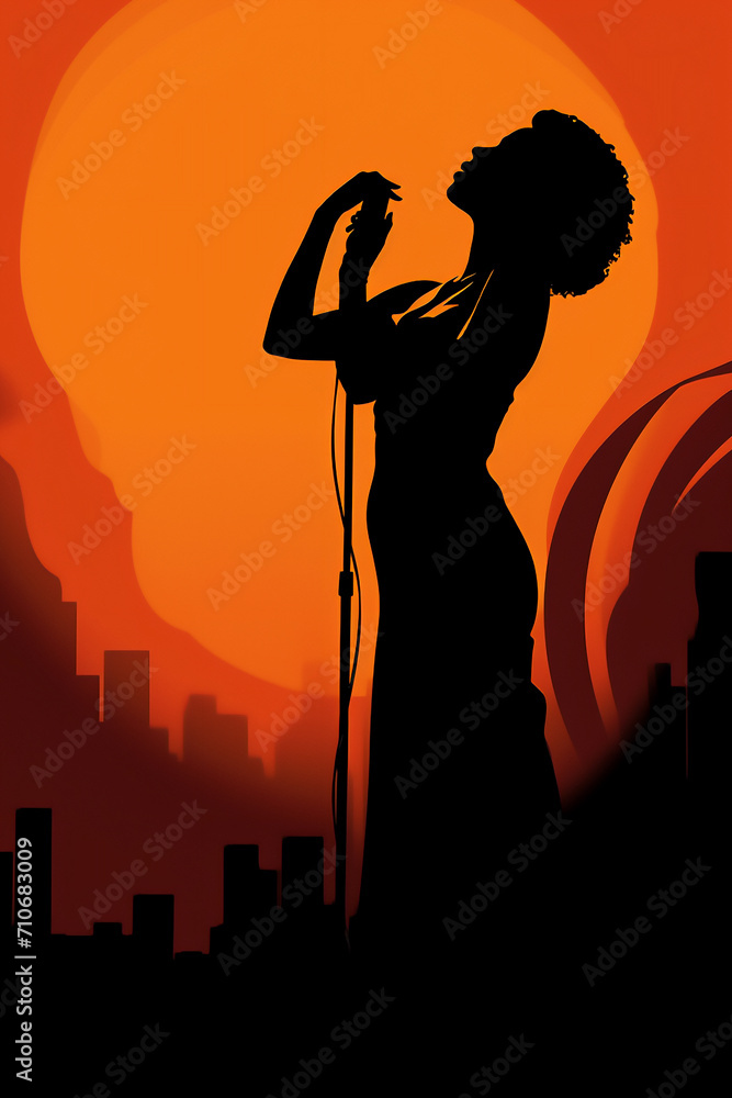 Silhouette of a female diva vocalist singing with a microphone which is ...