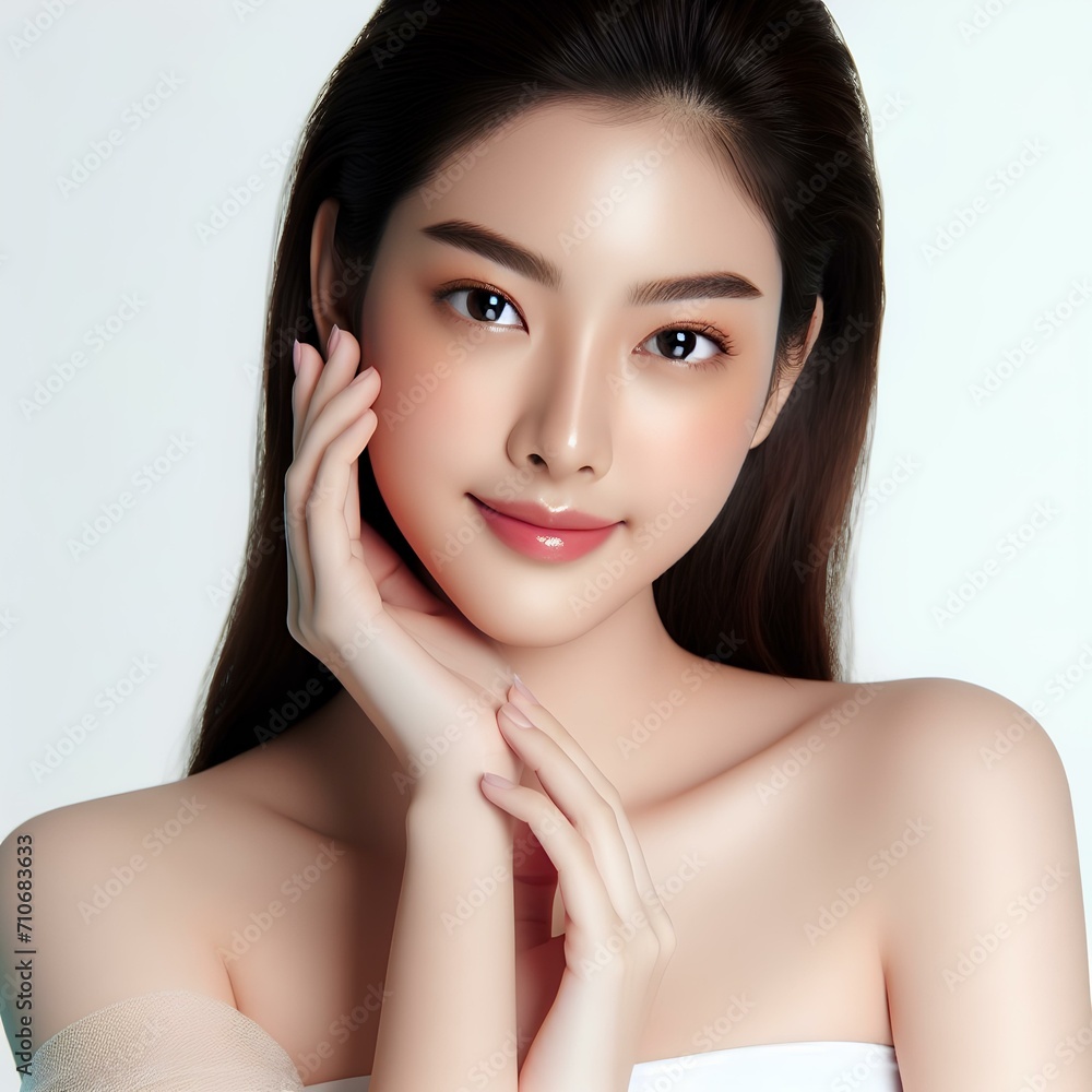 Beautiful young asian woman with clean fresh skin on white background ...