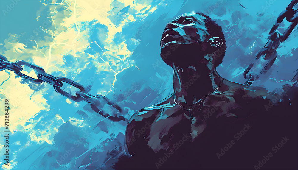Black man breaking free from chains in a black history month ...
