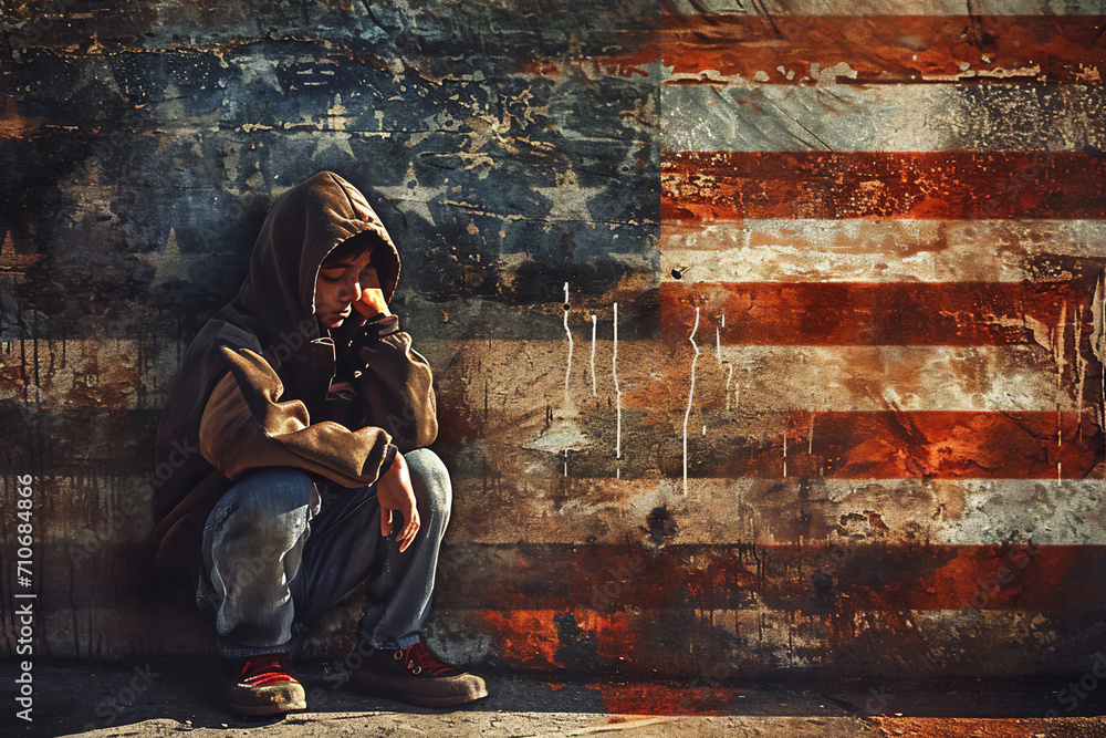 Poverty in the USA showing a homeless underprivileged teenage boy in ...