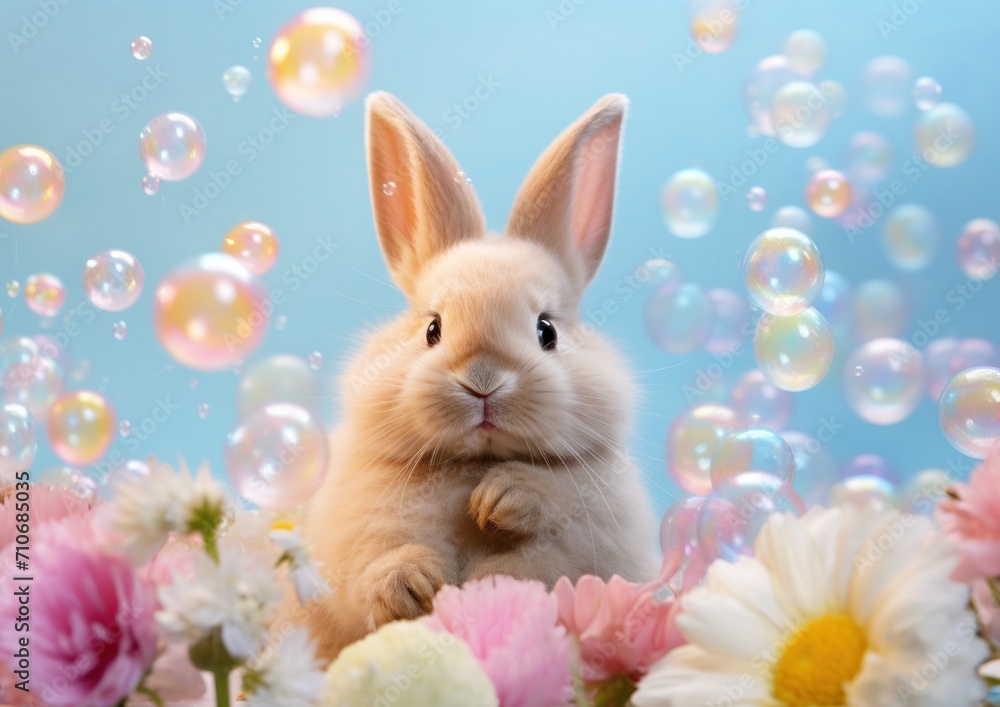 Cute bunny posing with a backdrop of pastel flowers and floating ...