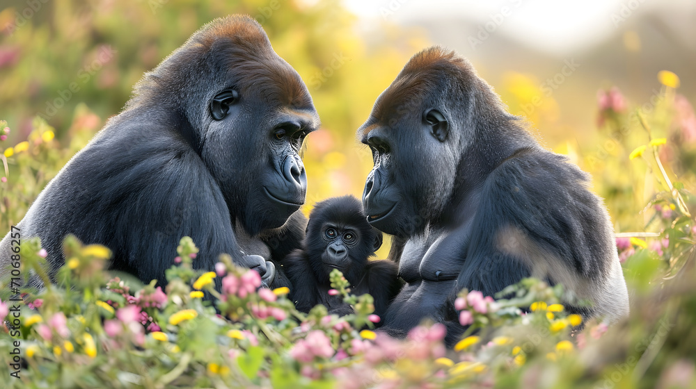 two, male and female, A family of gorillas peacefully interacting in ...