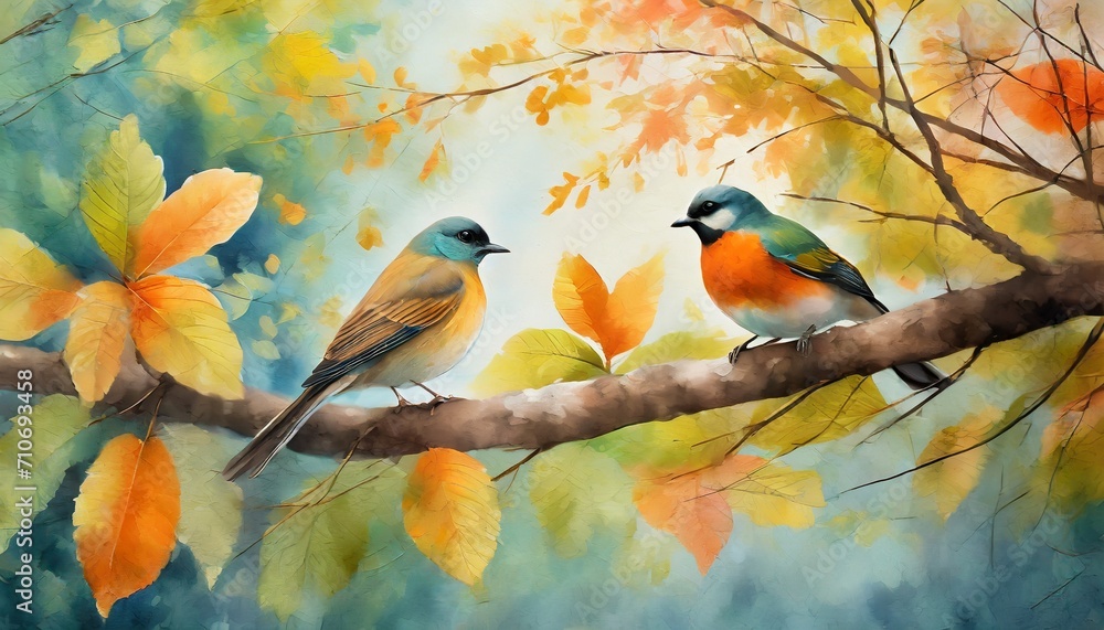 painting with birds that sit in the leaves art drawing on a textured ...