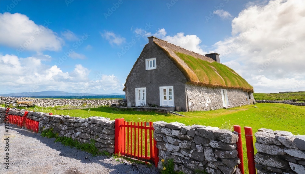 typical irish cottage house with thatched roof and stone wall with red ...