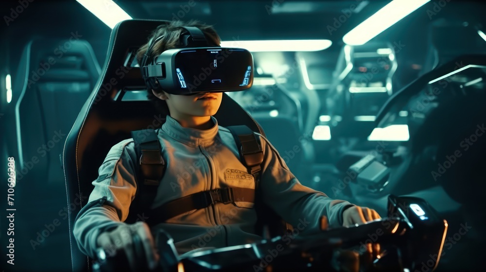 Futuristic simulator seat cockpit, man playing smart video games with ...