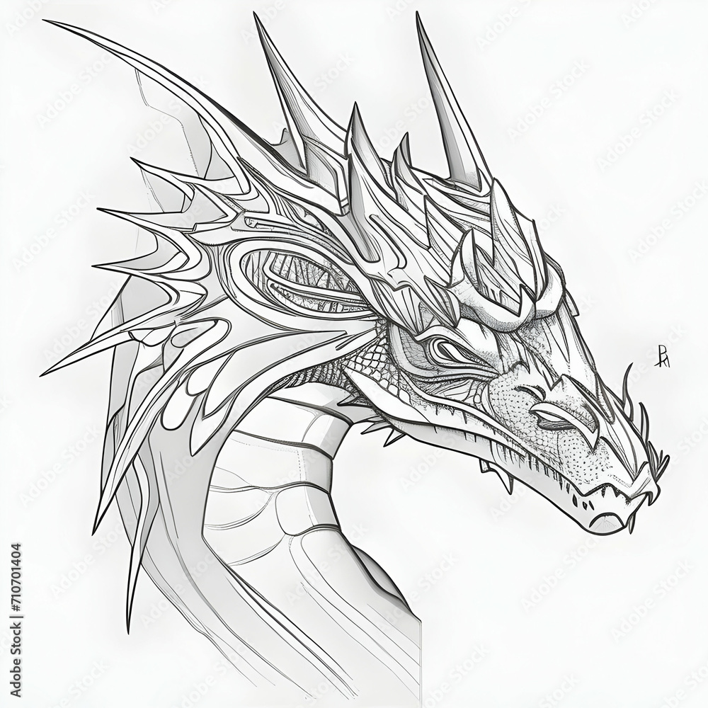 Detailed Pencil Sketch Of A Curved Dragon Head Facing Right In White ...