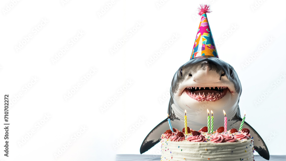 Shark wearing a birthday hat in front of a birthday cake isolated on ...