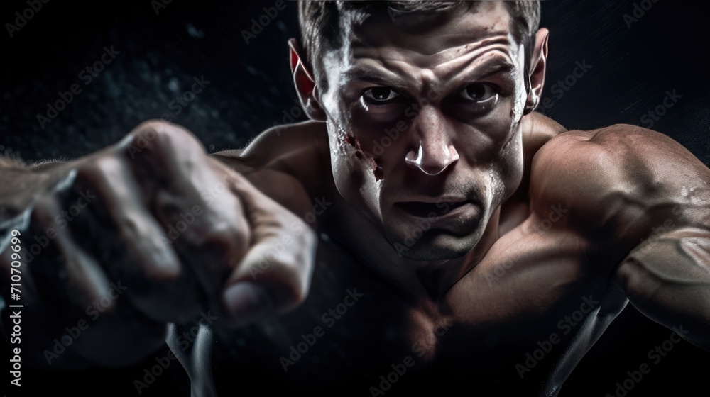 The strong arm of a focused athlete is tensed, with veins and muscles ...