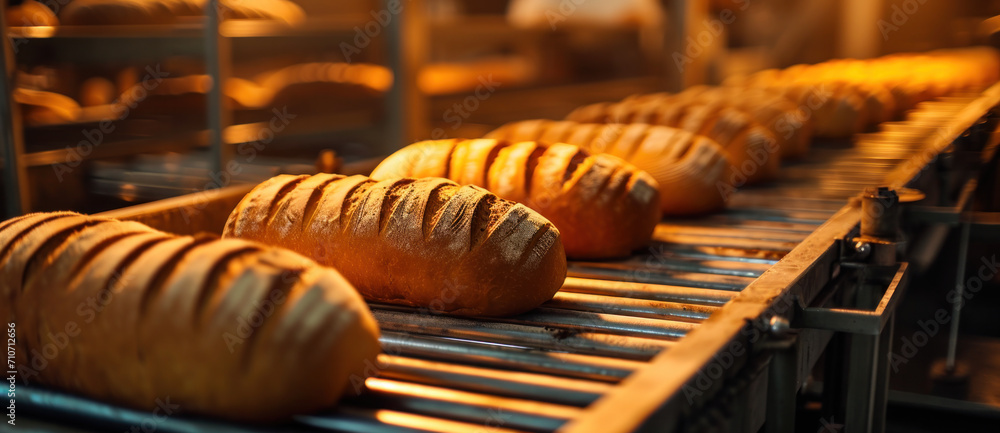 Freshly baked loaves of bread line the conveyor belt, the golden crusts ...