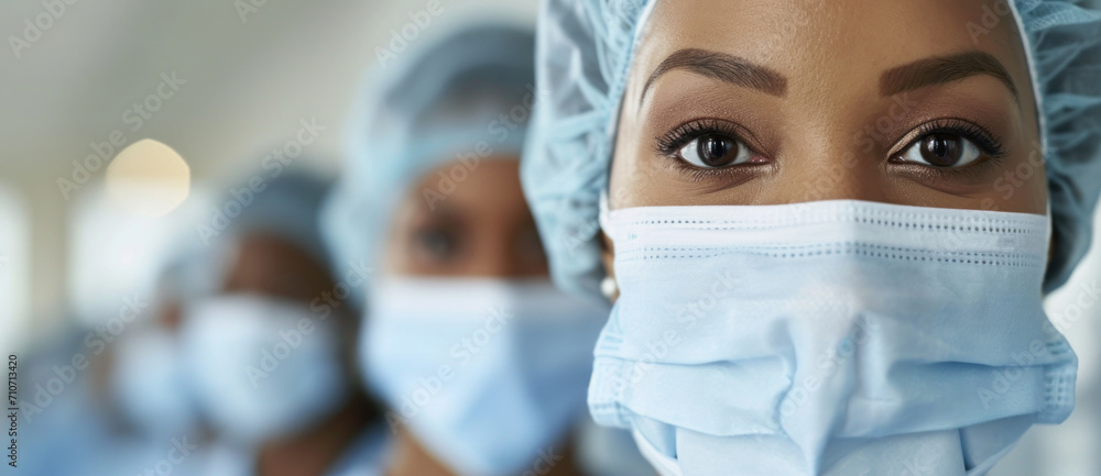 The determined eyes of a healthcare professional gaze forward, masked ...