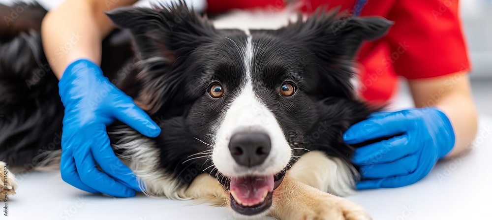 Caring vet nurse checks border collie s health in well equipped clinic ...