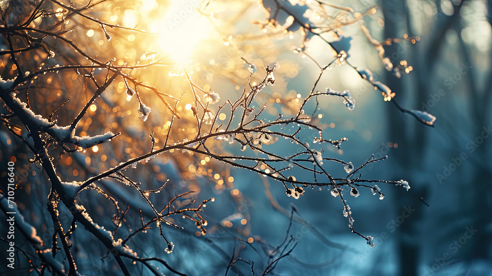 The first rays of the spring sun, breaking through the branches of ...