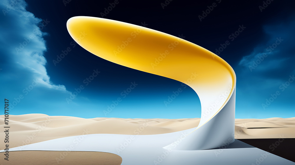 Abstract smooth yellow and white structure in a desert with blue sky ...