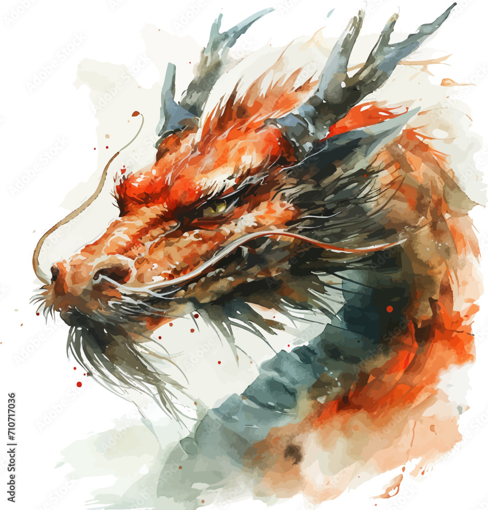 chinese dragon set with watercolor brush paint isolated on white ...