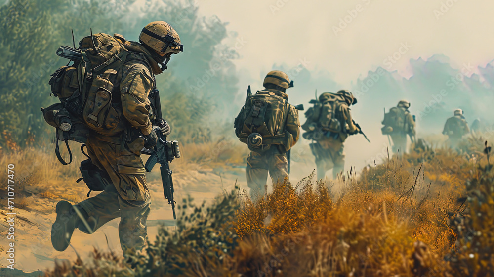 A close knit detachment of soldiers moving forward in combat readiness ...