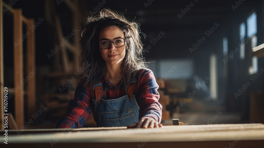 Powerful Female woodworker positive atmosphere for advertisment ...
