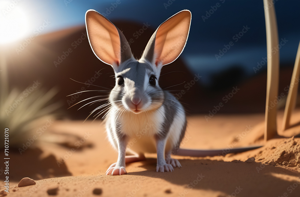 Bilby on vast, sandy Australian landscape, illuminated by sun. Macrotis ...